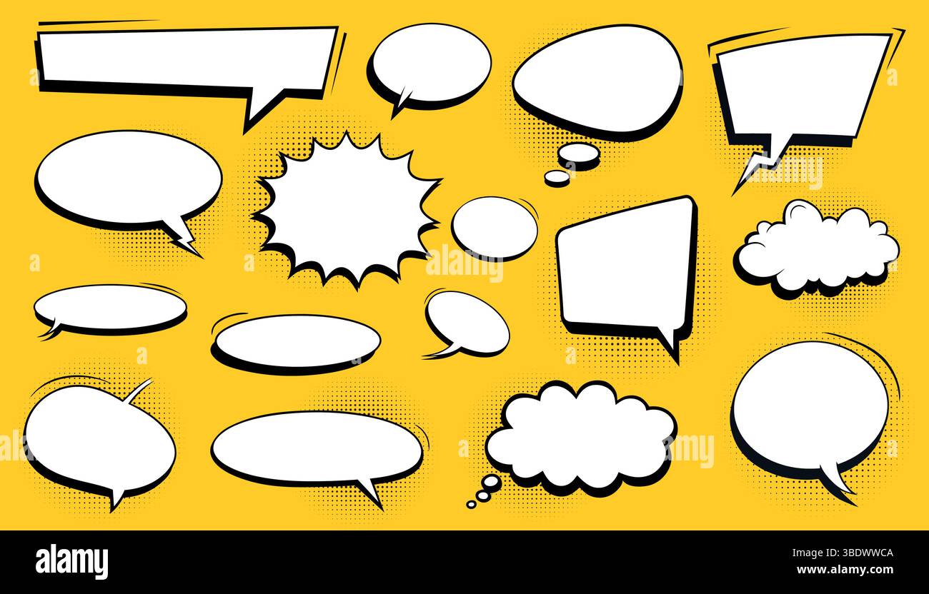 Set of retro empty comic bubbles and elements with black halftone ...