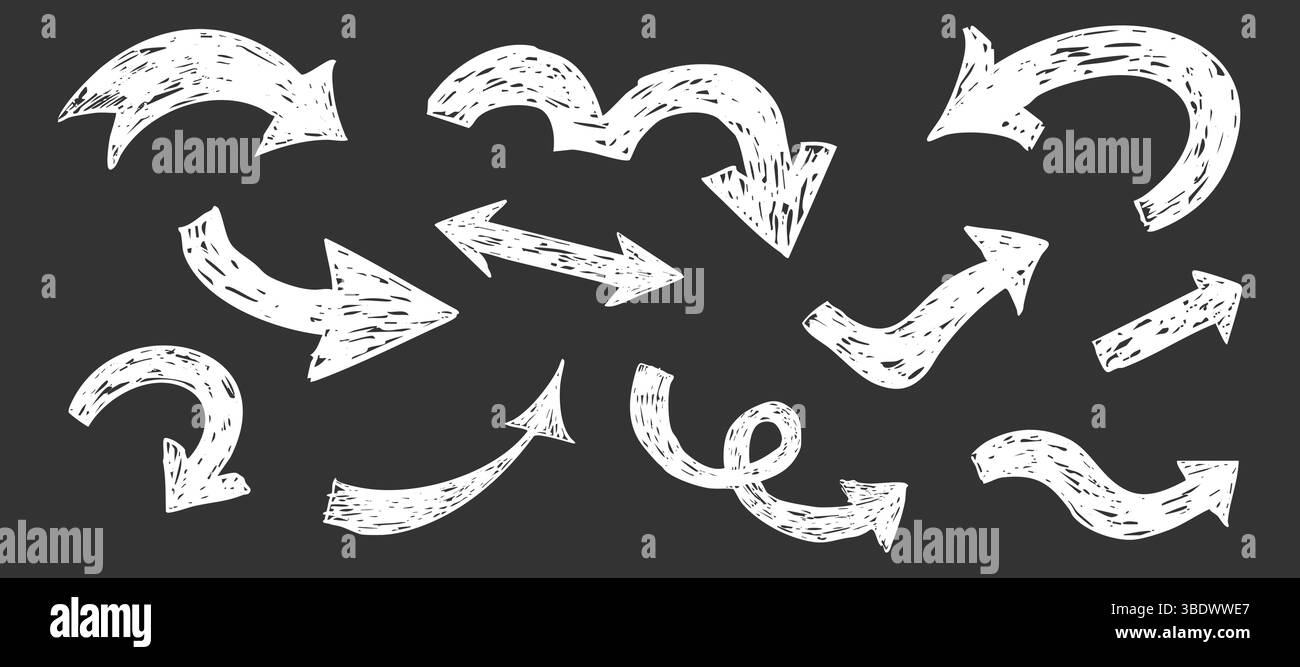 Thick white arrow crayon or chalk drawing sketch grunge textured on ...