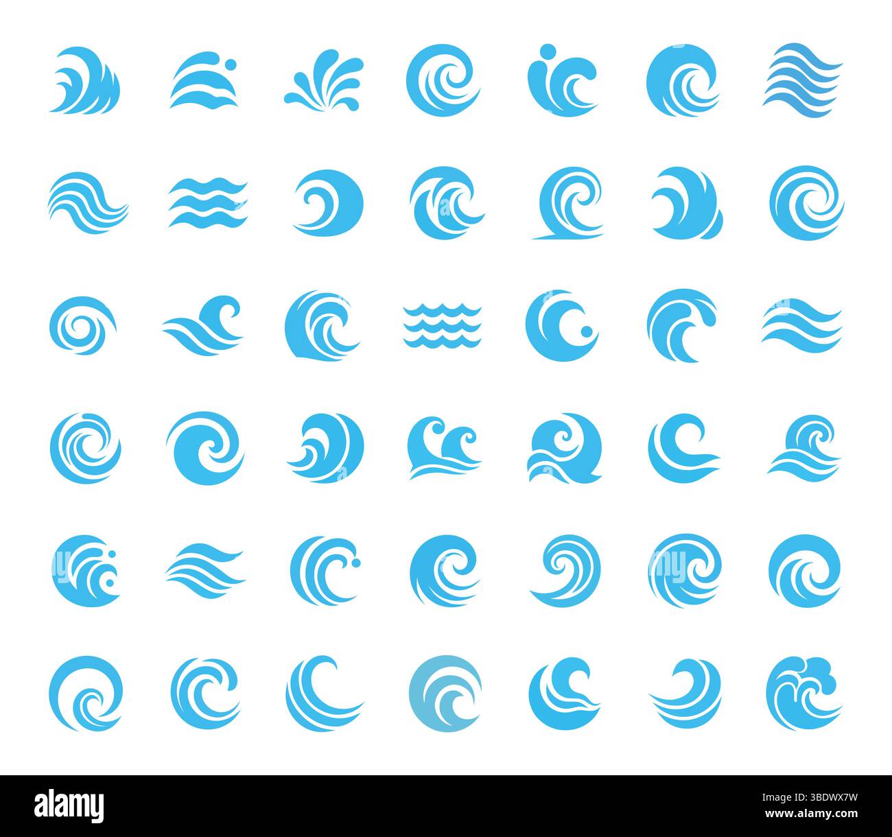 Set of blue waves and splashes of water, wavy nature symbols in motion ...