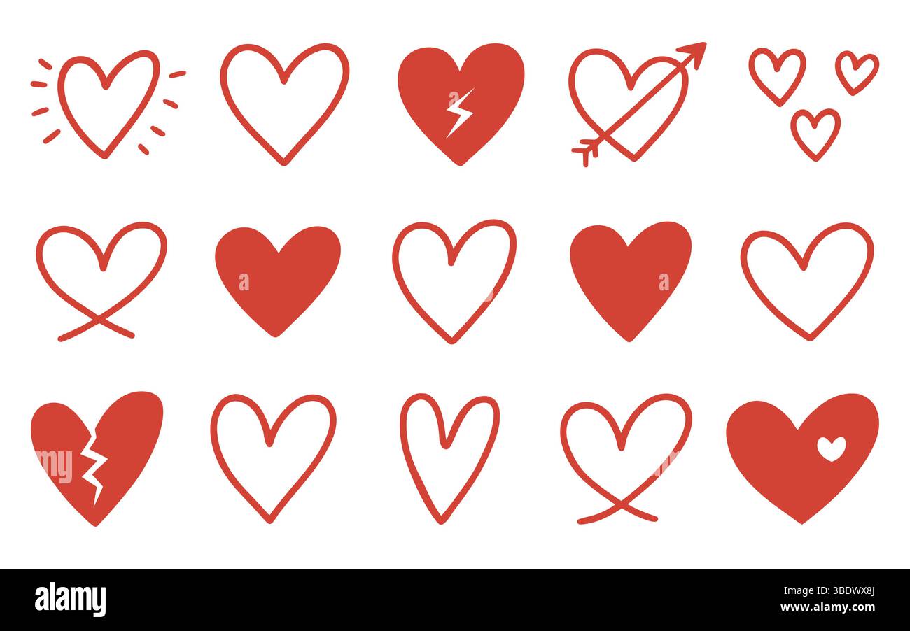 Set of red hearts in different poses. Hand drawn different love hearts ...