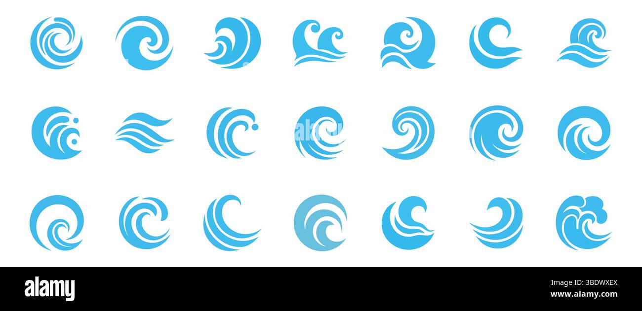 Set of blue waves and splashes of water, wavy nature symbols in motion ...