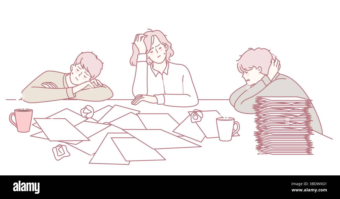 A weary team diligently working amid towering piles of documents ...
