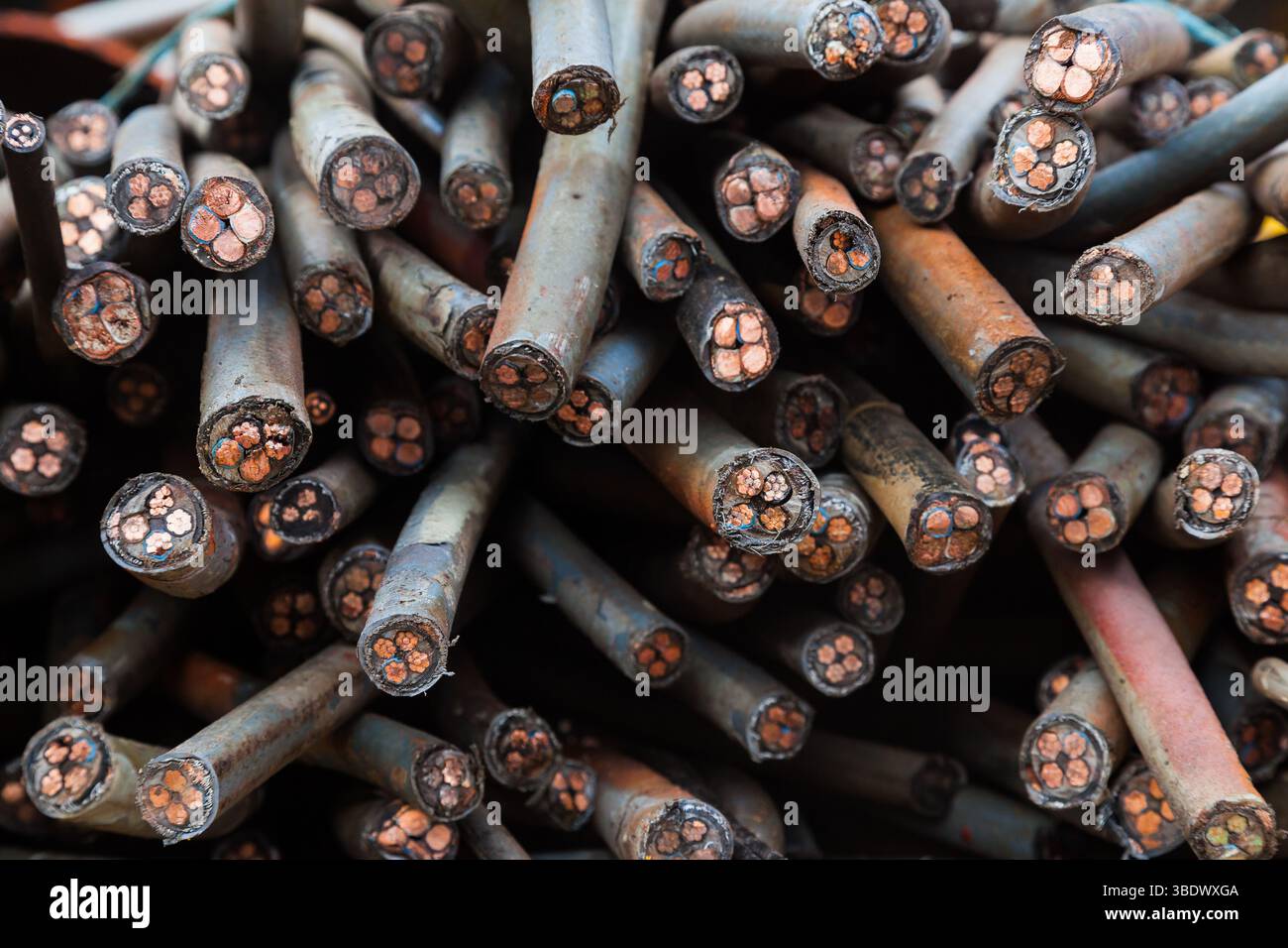 A bunch of old copper cables in a plastic sheath. Front view Stock ...