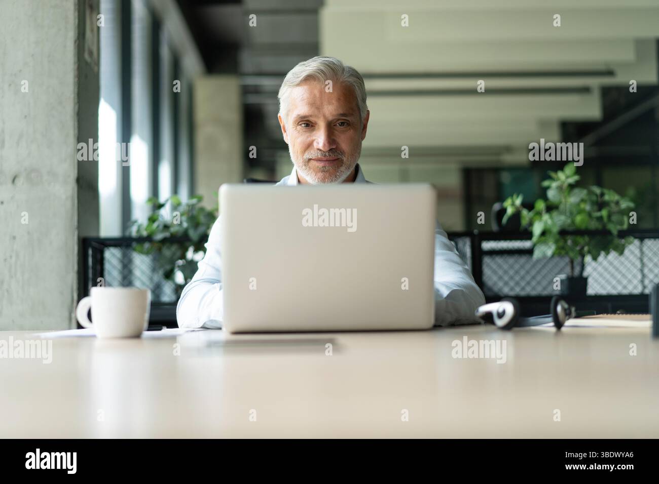 Happy mature professional business man looking at camera sitting at ...