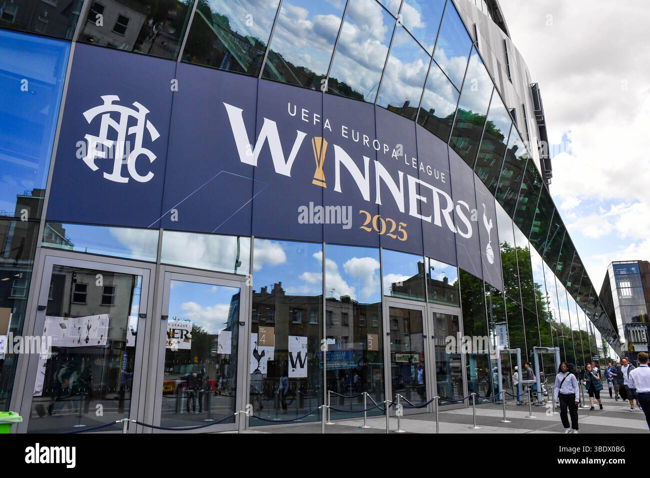 Huge banners outside the Tottenham Hotspur Stadium after the team won ...