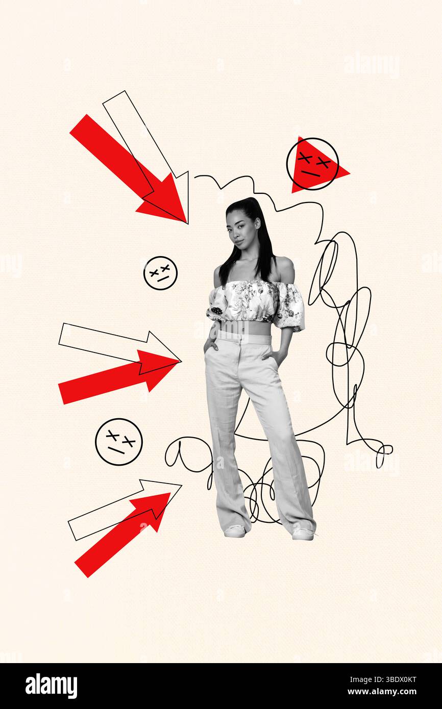 3d sketch image vertical collage of puzzled girl stand arrow pointer ...