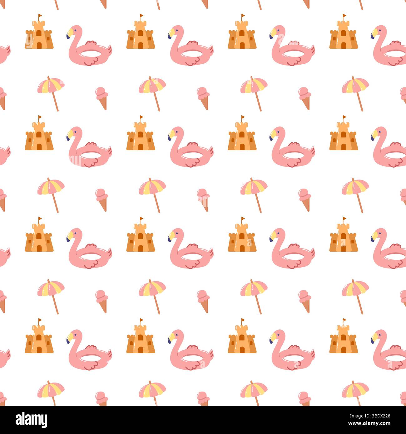 Summer seamless pattern with flamingo, sand castle, umbrella and ice ...