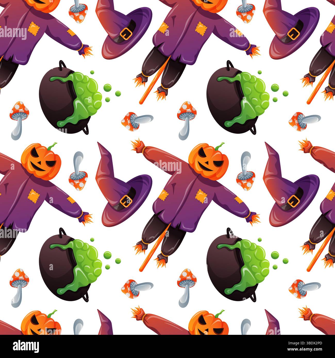 Seamless Halloween pattern with pumpkin, scarecrow, witch hat, boiling ...