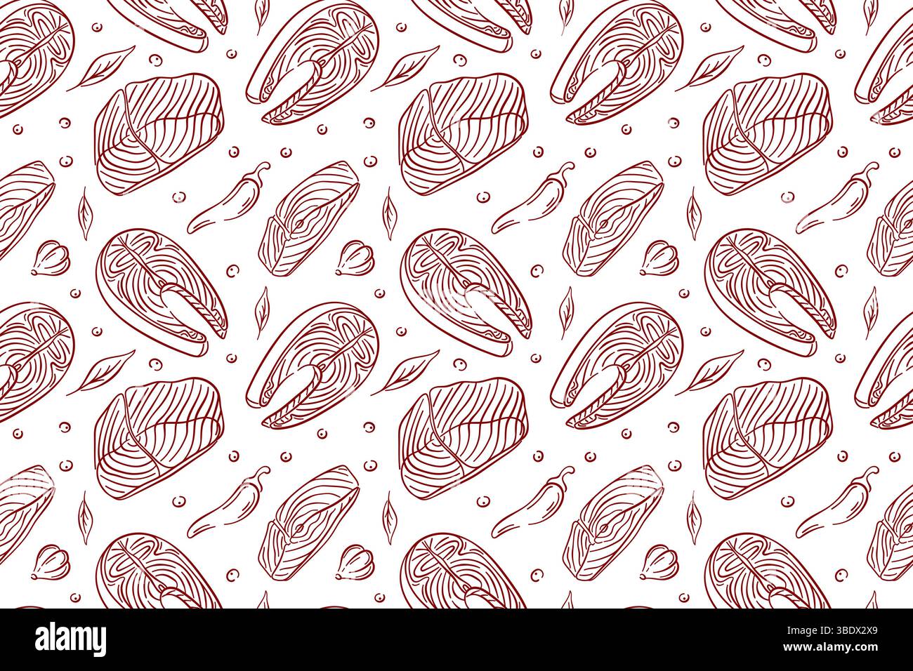Seamless seafood pattern with line art fish salmon steak, chili pepper ...