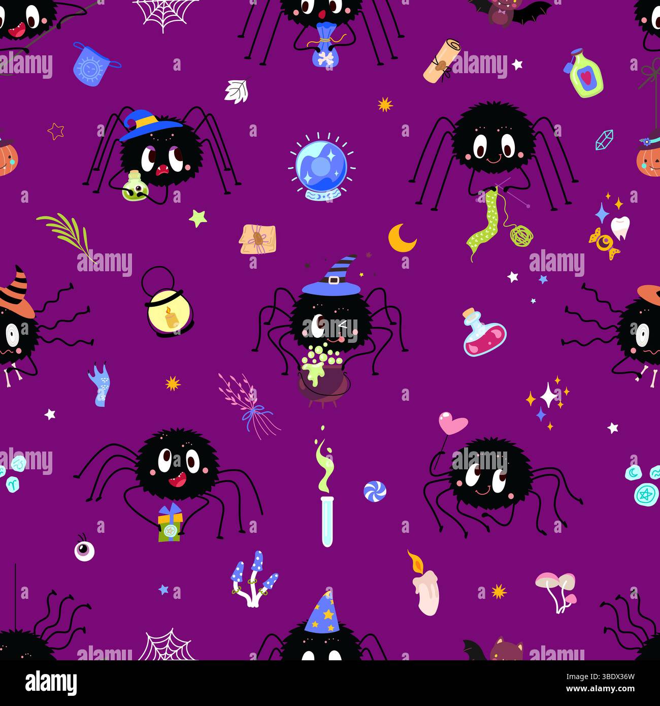 Cartoon spider seamless pattern. Neon colors print for fabric or ...