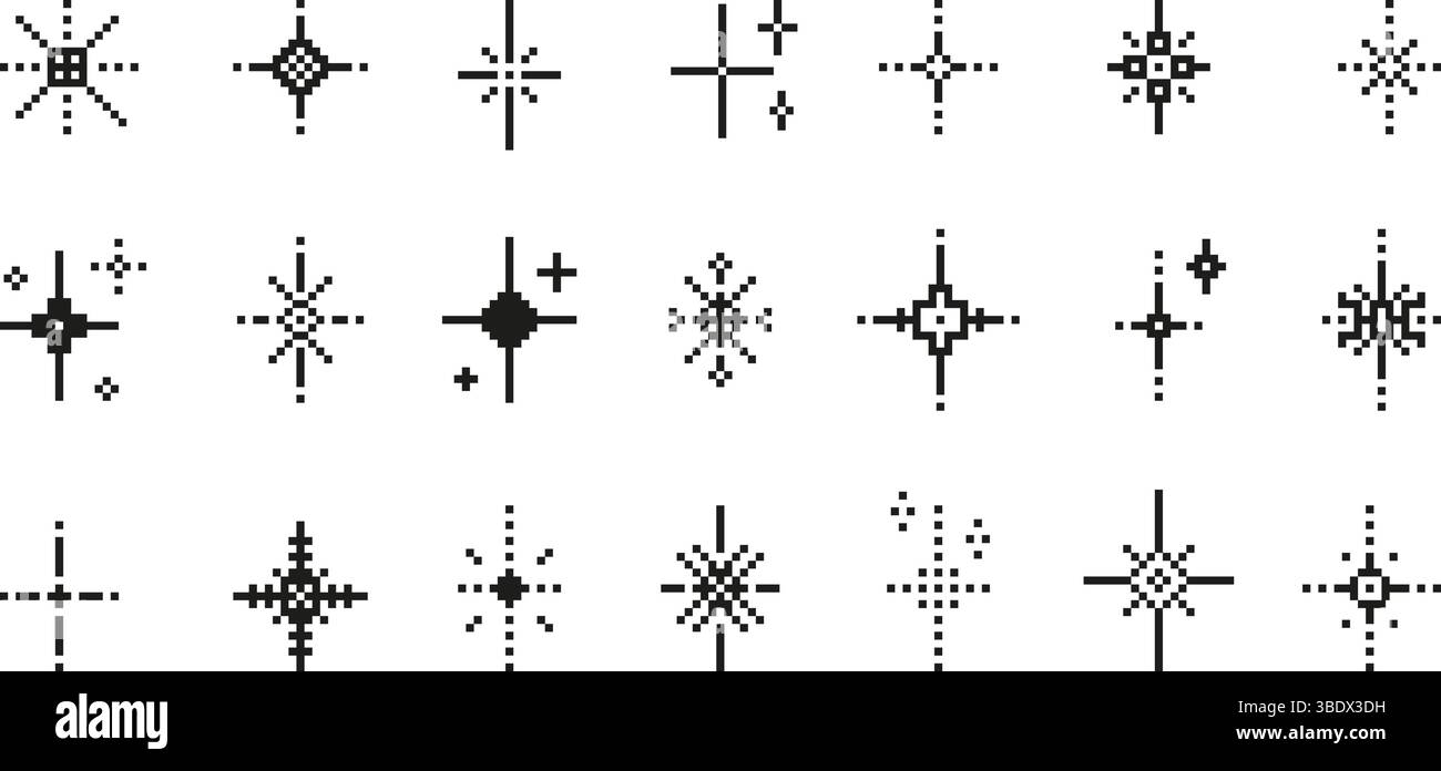 Pixel sparkling stars. Y2k elements, isolated black sparkles and ...