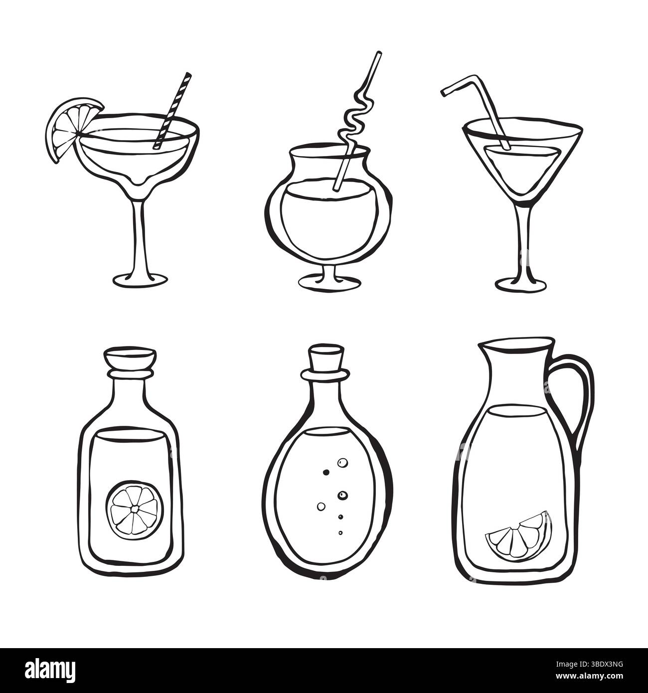 A line drawn illustration of cocktails and bottels in a sketchy style ...