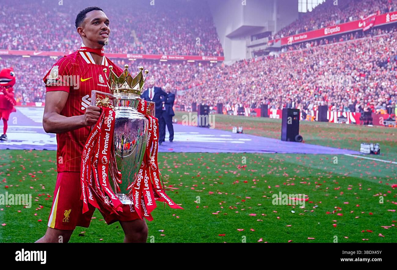 Liverpool's Trent Alexander-Arnold celebrates with the Premier League ...