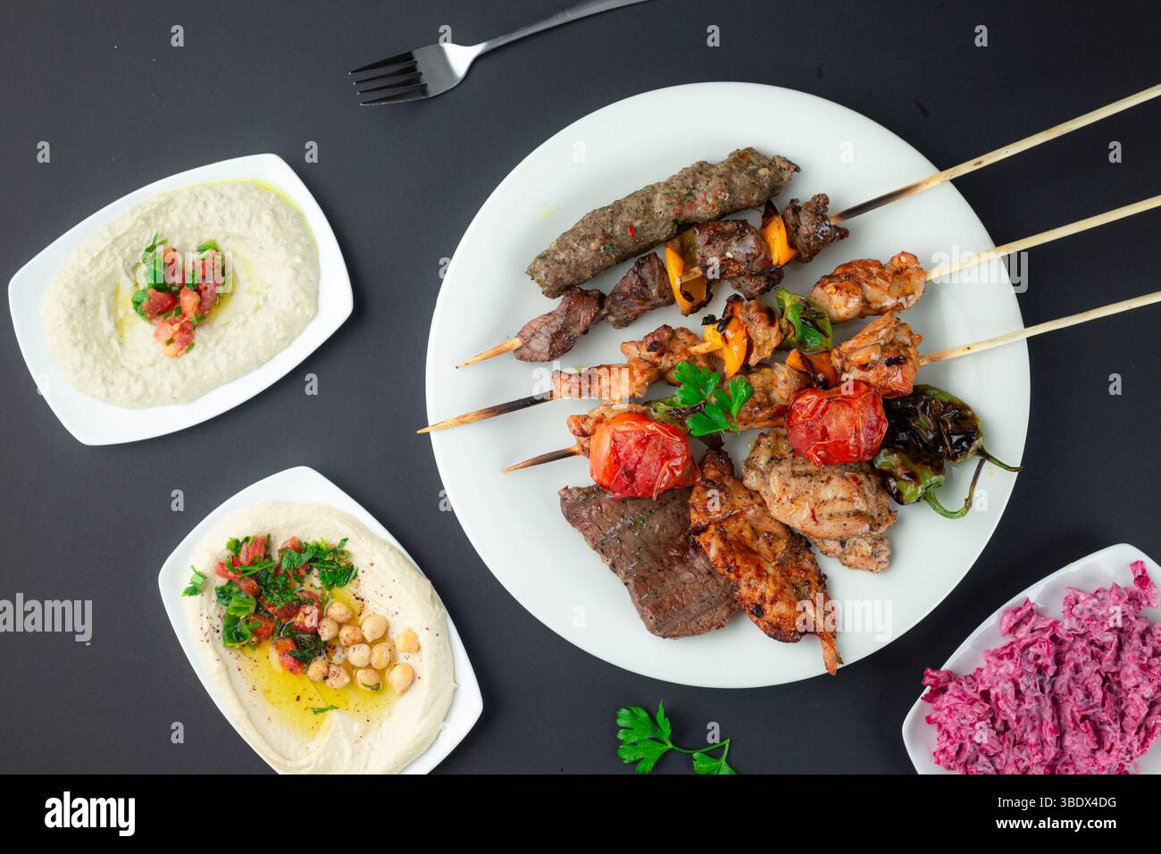 Mixed Grill plate – Kebab, Chicken Steak, and Chicken Thigh – from top ...