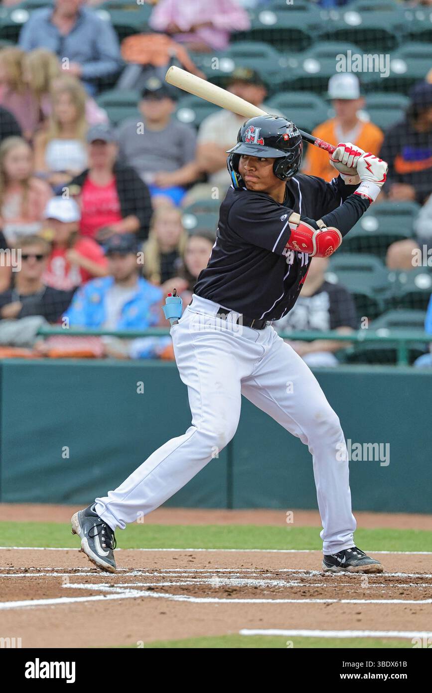 Hickory, NC: Hickory Crawdads catcher Jesus Lopez (14) readies to hit ...