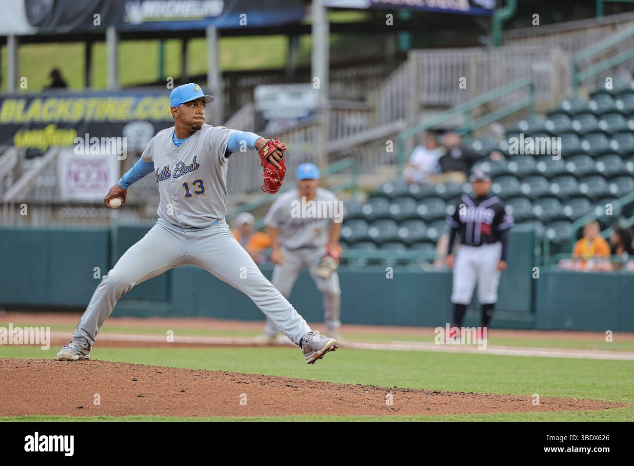 Hickory, NC: Myrtle Beach Pelicans pitcher Kevin Valdez (13) delivers a ...