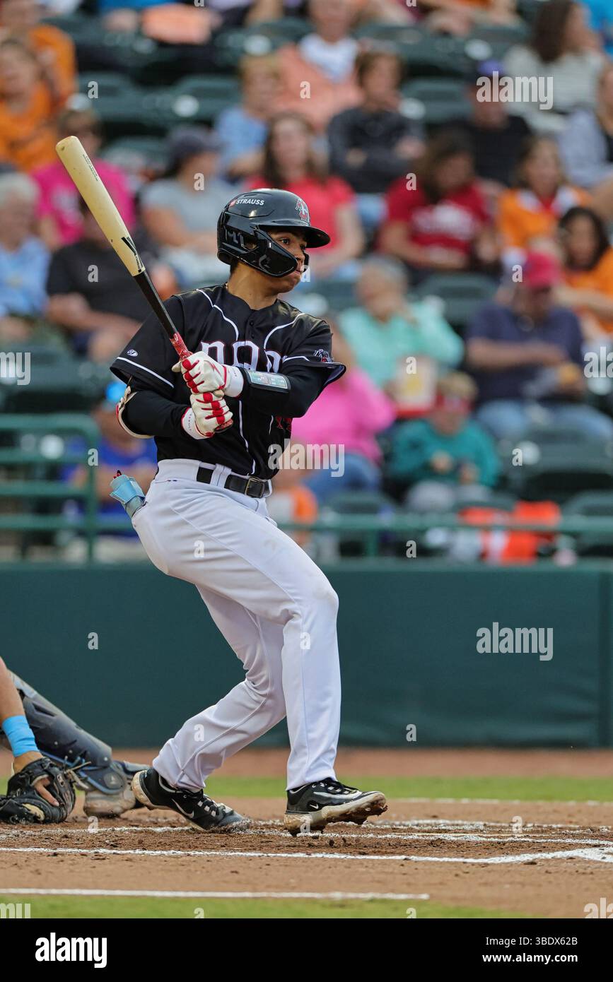 Hickory, NC: Hickory Crawdads catcher Jesus Lopez (14) singles to right ...