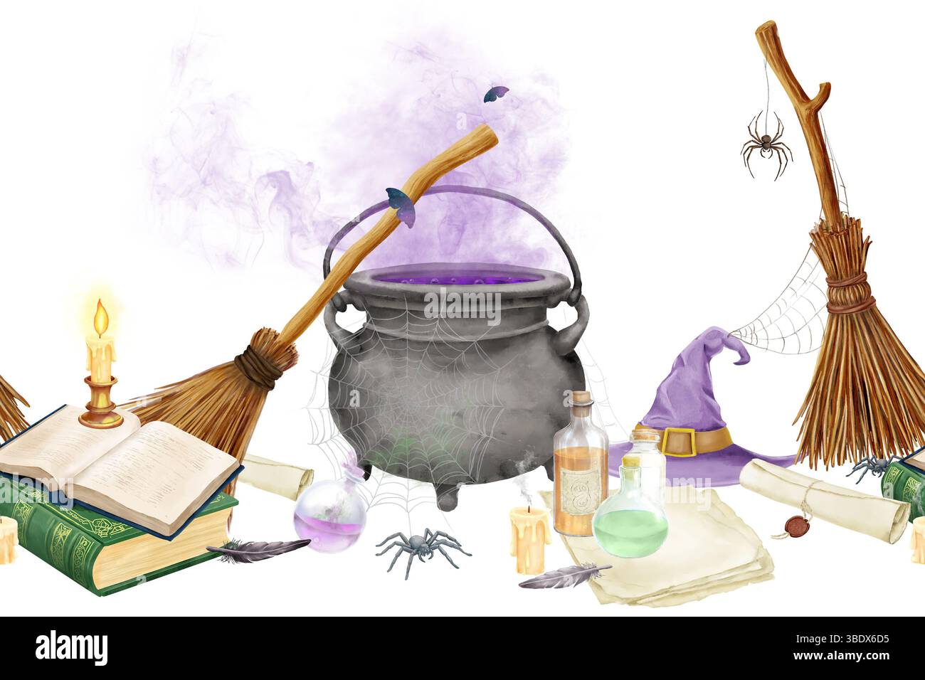 Cauldron of boiling potion and witch's broom, stack of books and vials ...