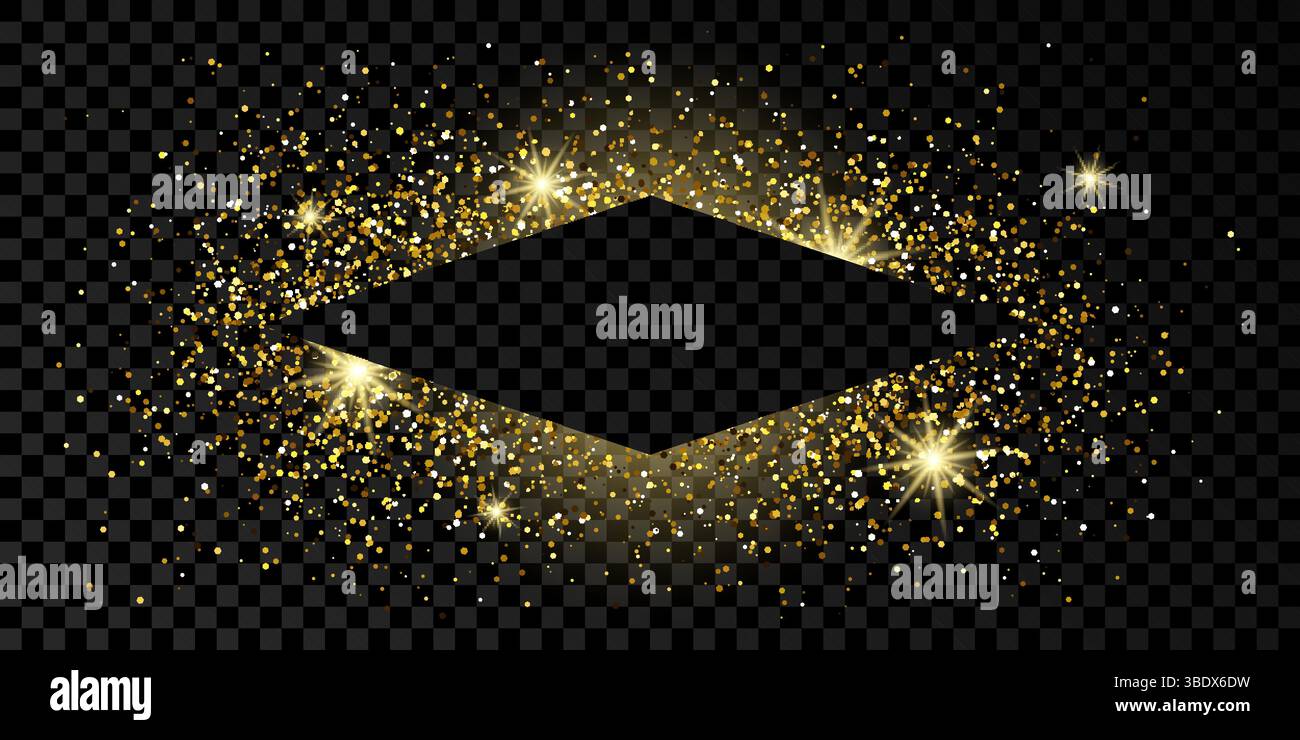 Golden rhombus frame with glitter, sparkles and flares on dark ...