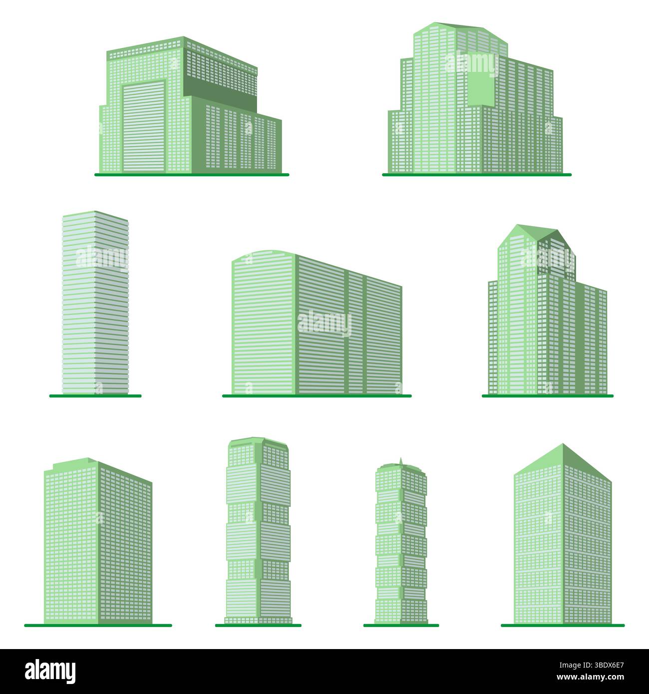 Set of nine modern high-rise building on a white background. View of ...