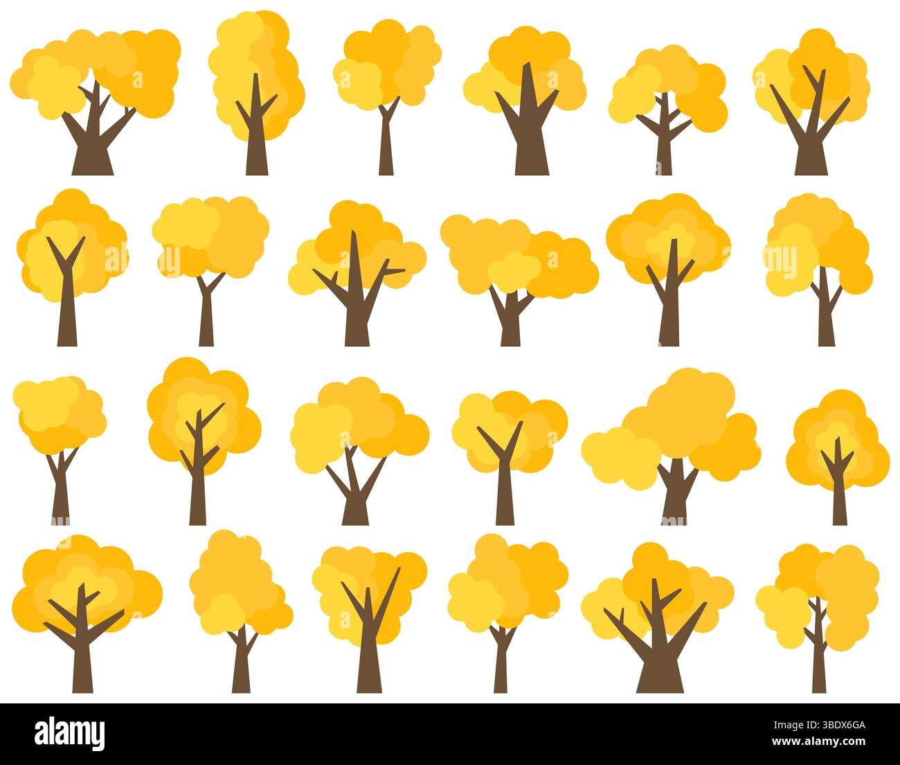 Set of twenty four different cartoon yellow trees isolated on white ...