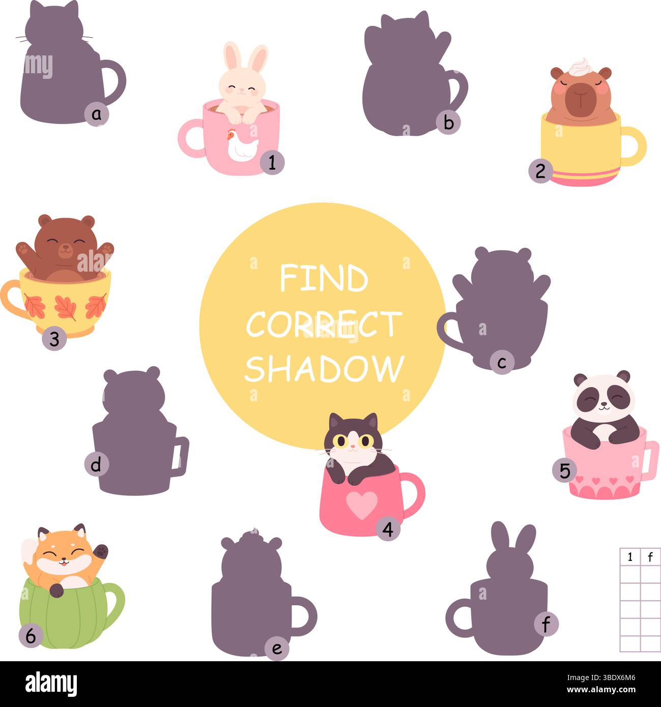 Children game find correct shadow. Funny cartoon animals in cups, bunny ...