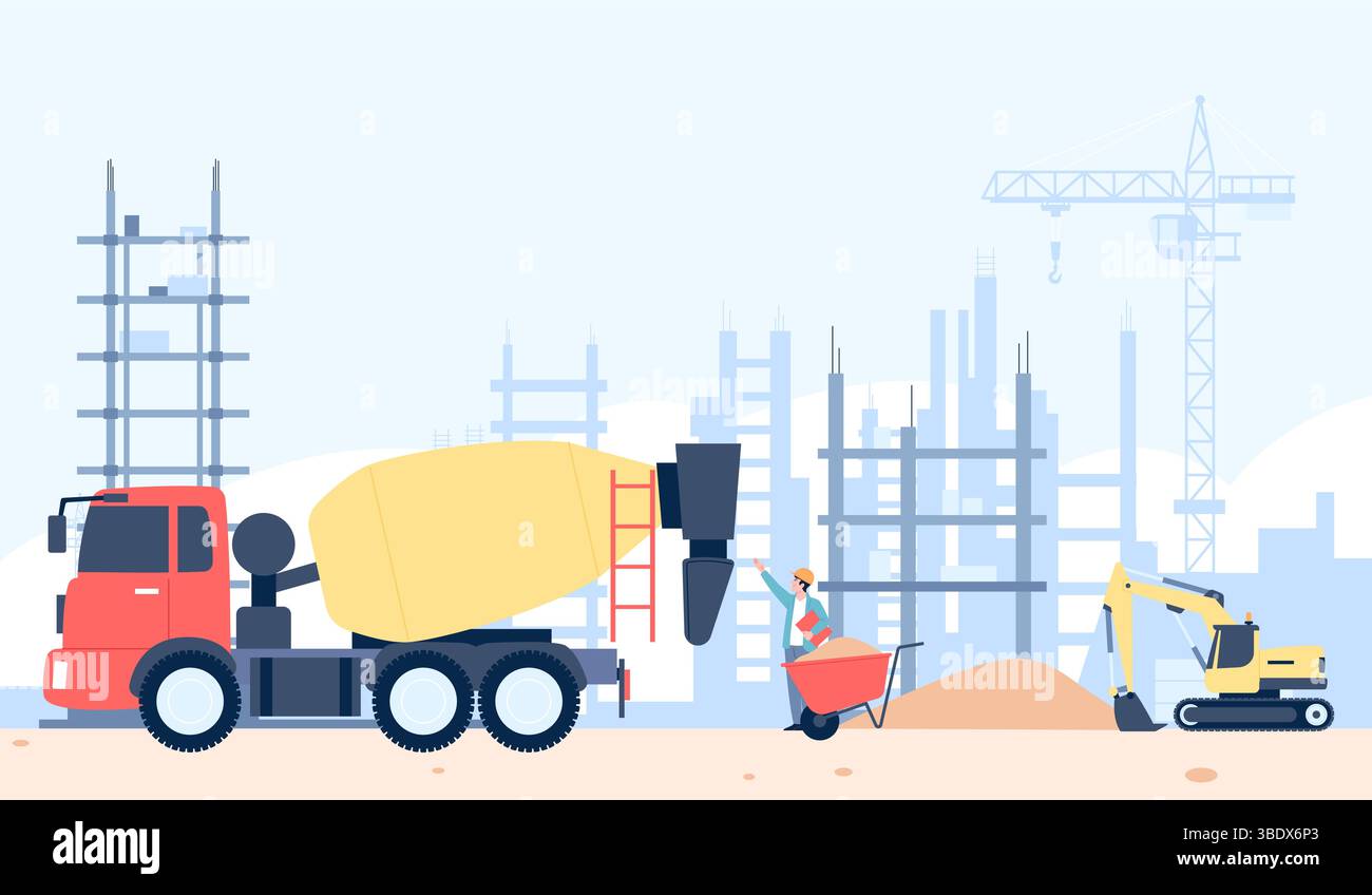 Building process on construction ground. Special transport, sand pile ...