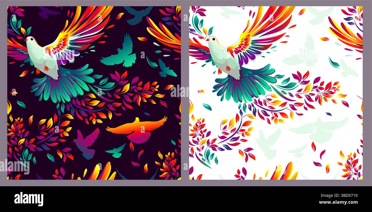 The colorful bird of peace, the dove Seamless pattern for fabric. Set ...