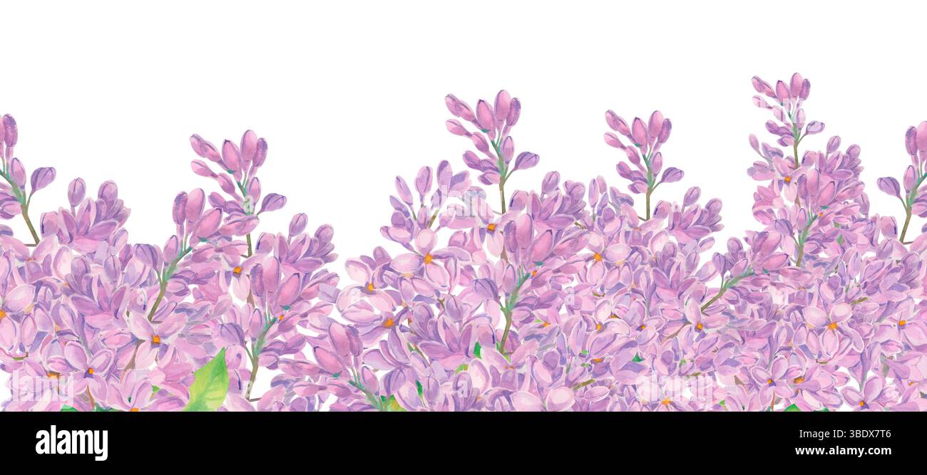 Lilac watercolor flowers sprigs. Template with copy space. Fresh spring ...