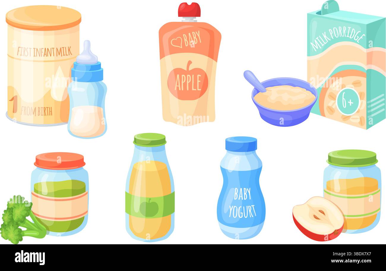 Baby food products. Infant kid nutrition, milk porridge box apple juice ...