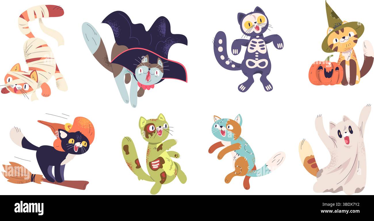 Halloween cats. Cartoon cute kawaii cat in mummy skeleton costume ...