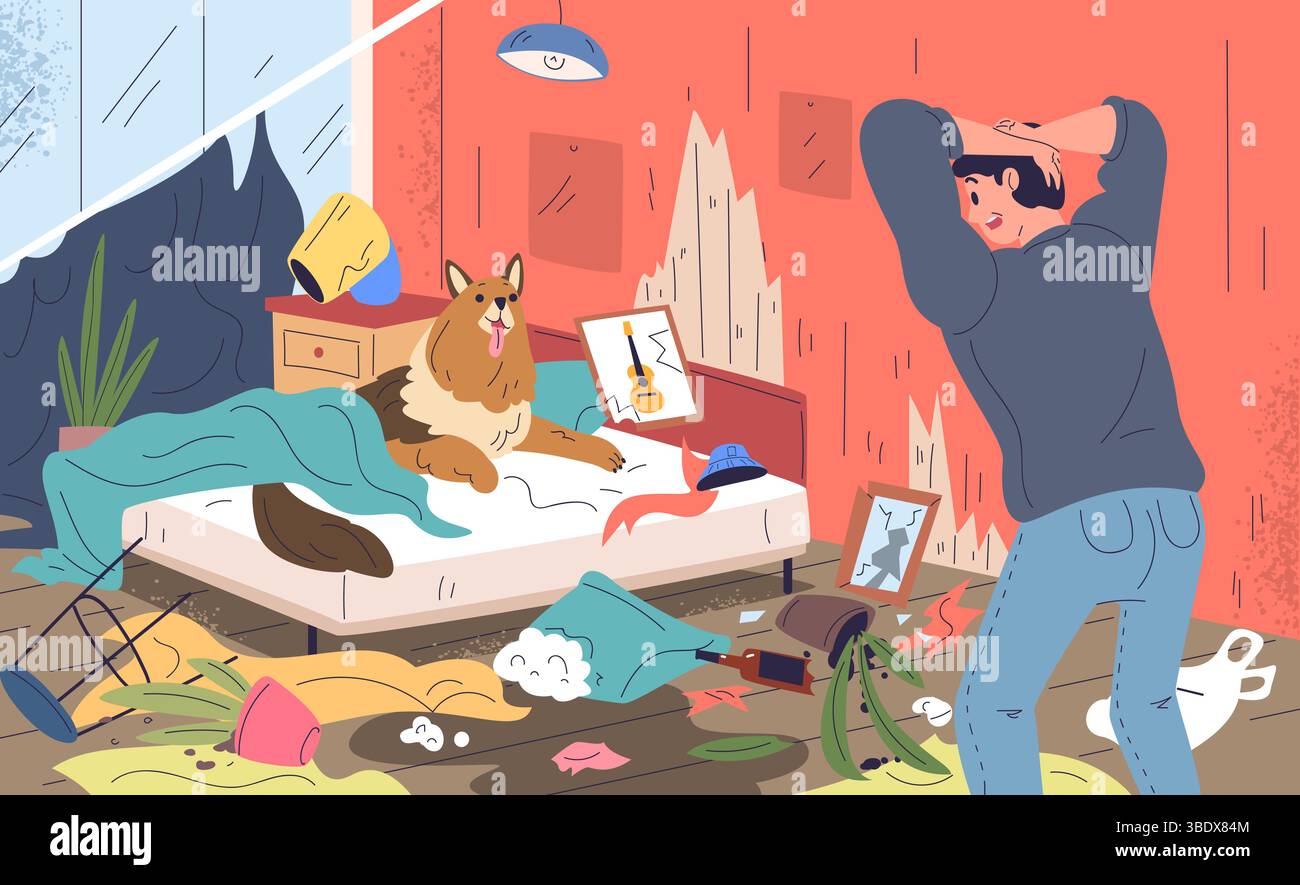 Dog messy room. Naughty pet damage home furniture, mischievous puppy ...