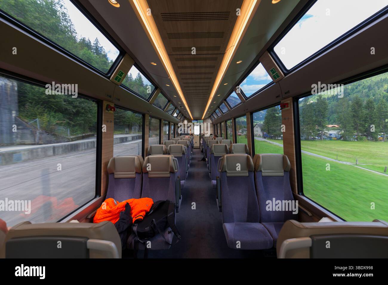 Interior of a Swiss panoramic train carriage in the golden pass railway ...