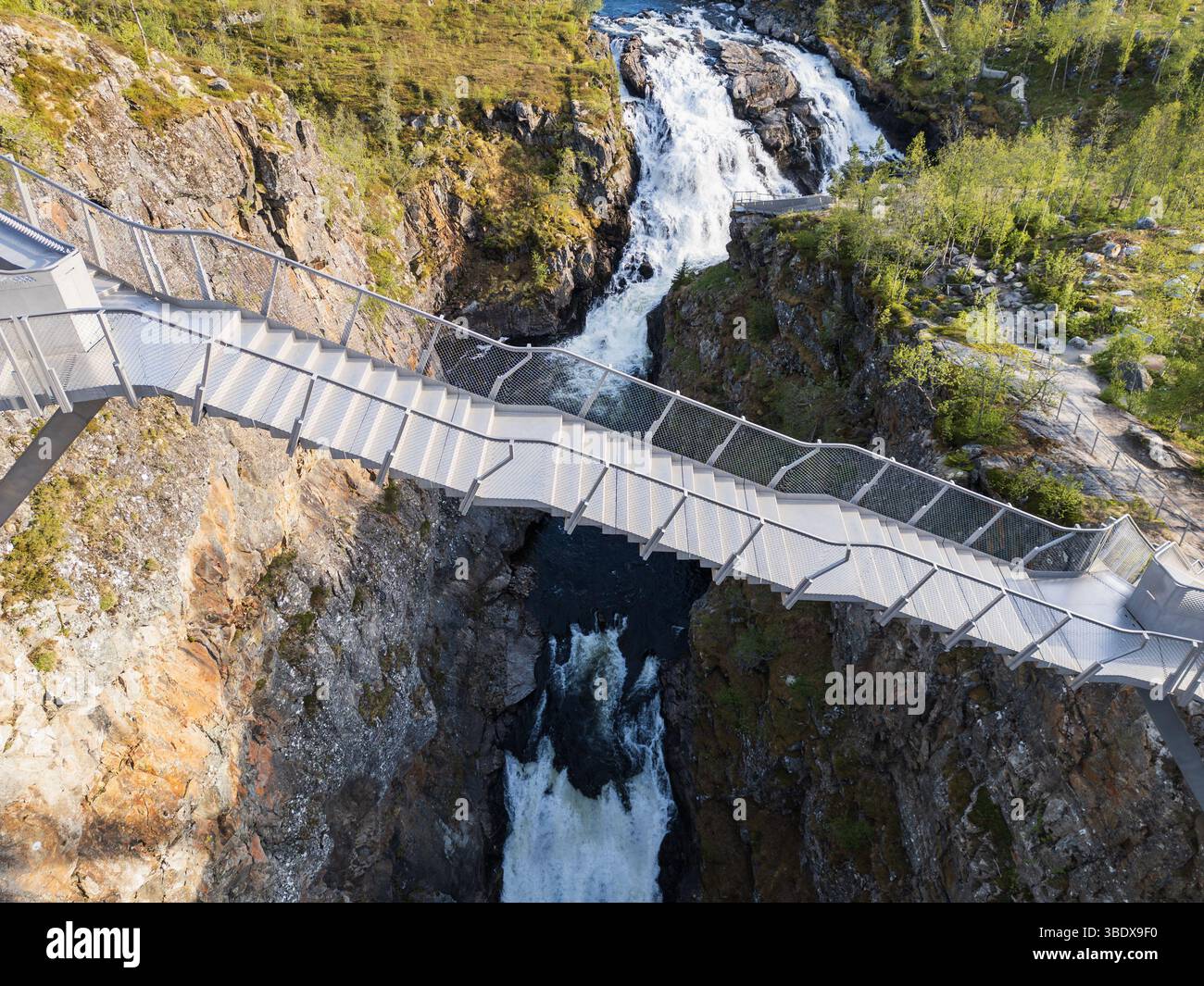 Norway, drone view: modern bridge over the Voringsfossen waterfall, a ...