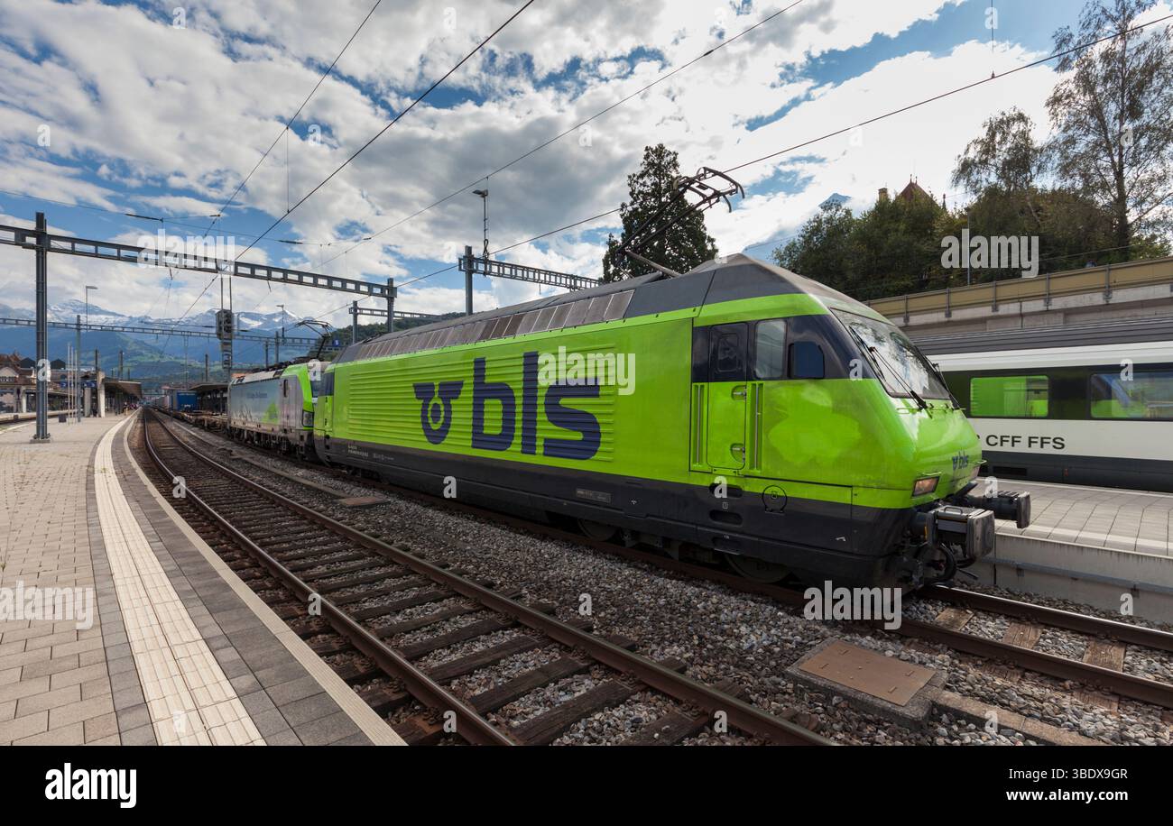 Electric locomotive hauling an intermodal piggyback freight train ...