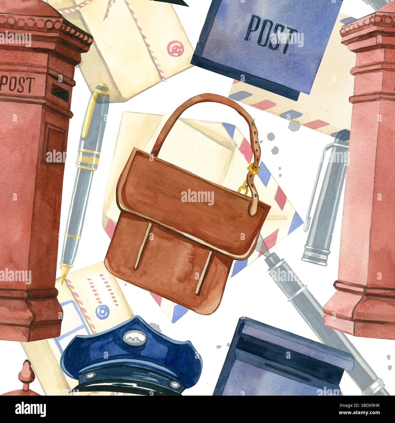 Seamless watercolor pattern, Post Day. Postman cap, post pole, letters ...