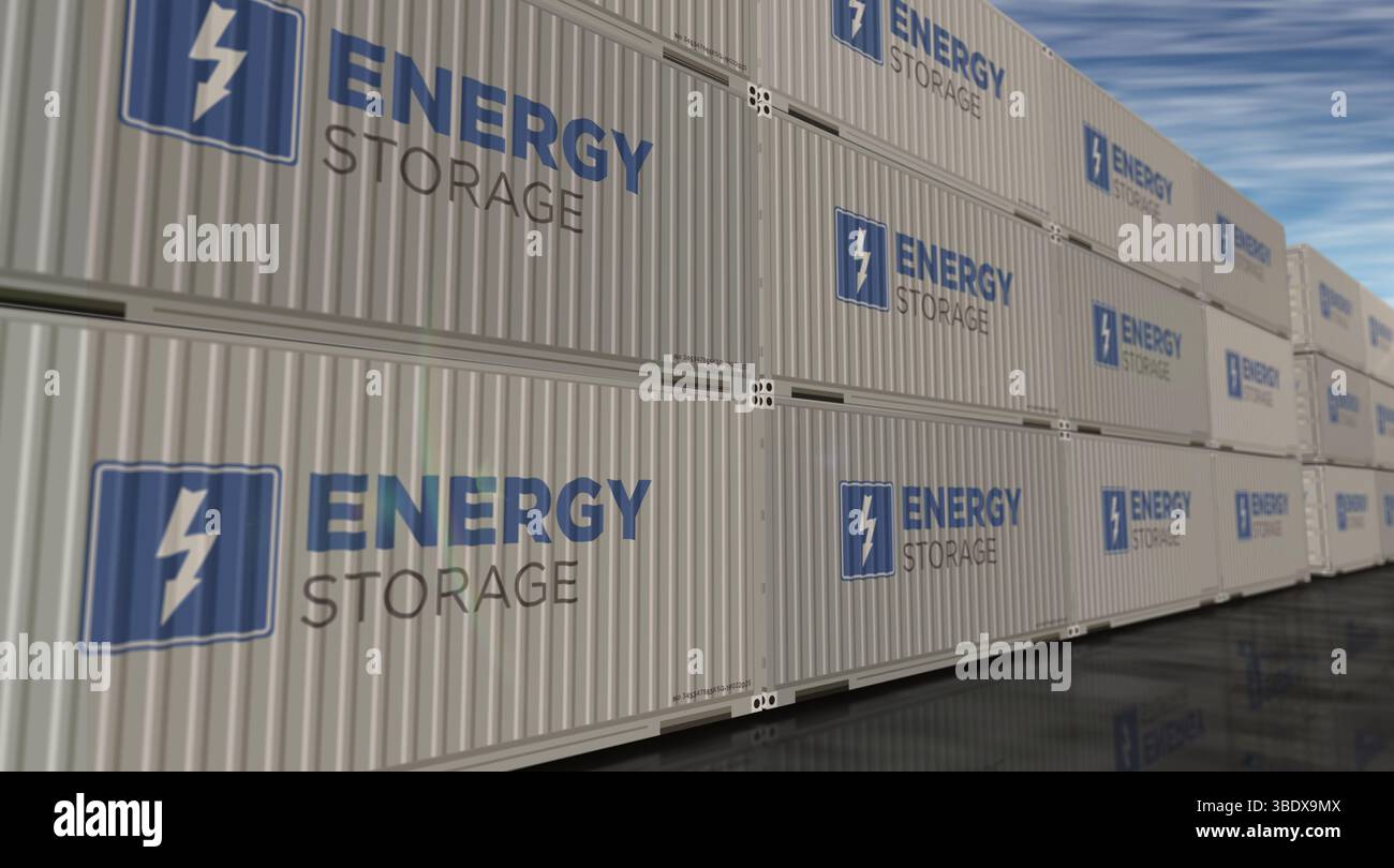 Energy storage cargo containers in row business concept. Battery ...