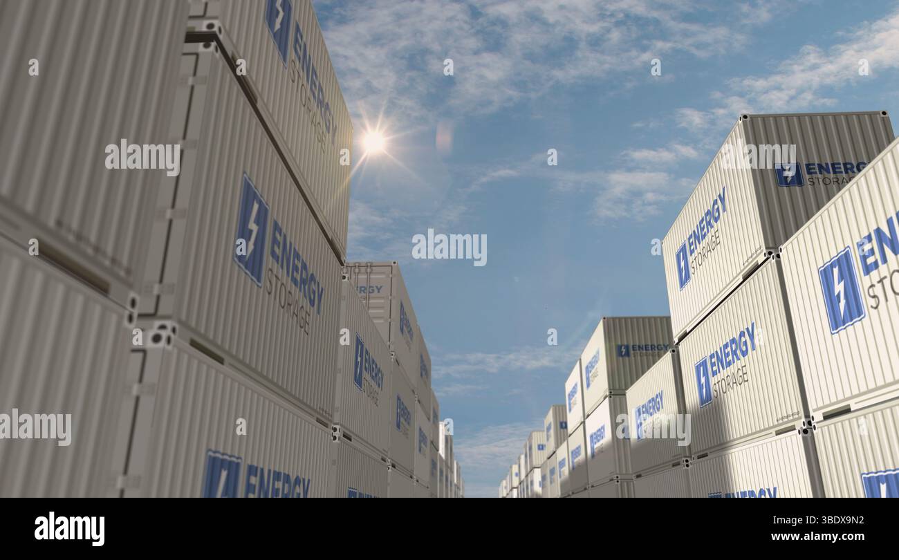 Energy storage cargo containers in row business concept. Battery ...