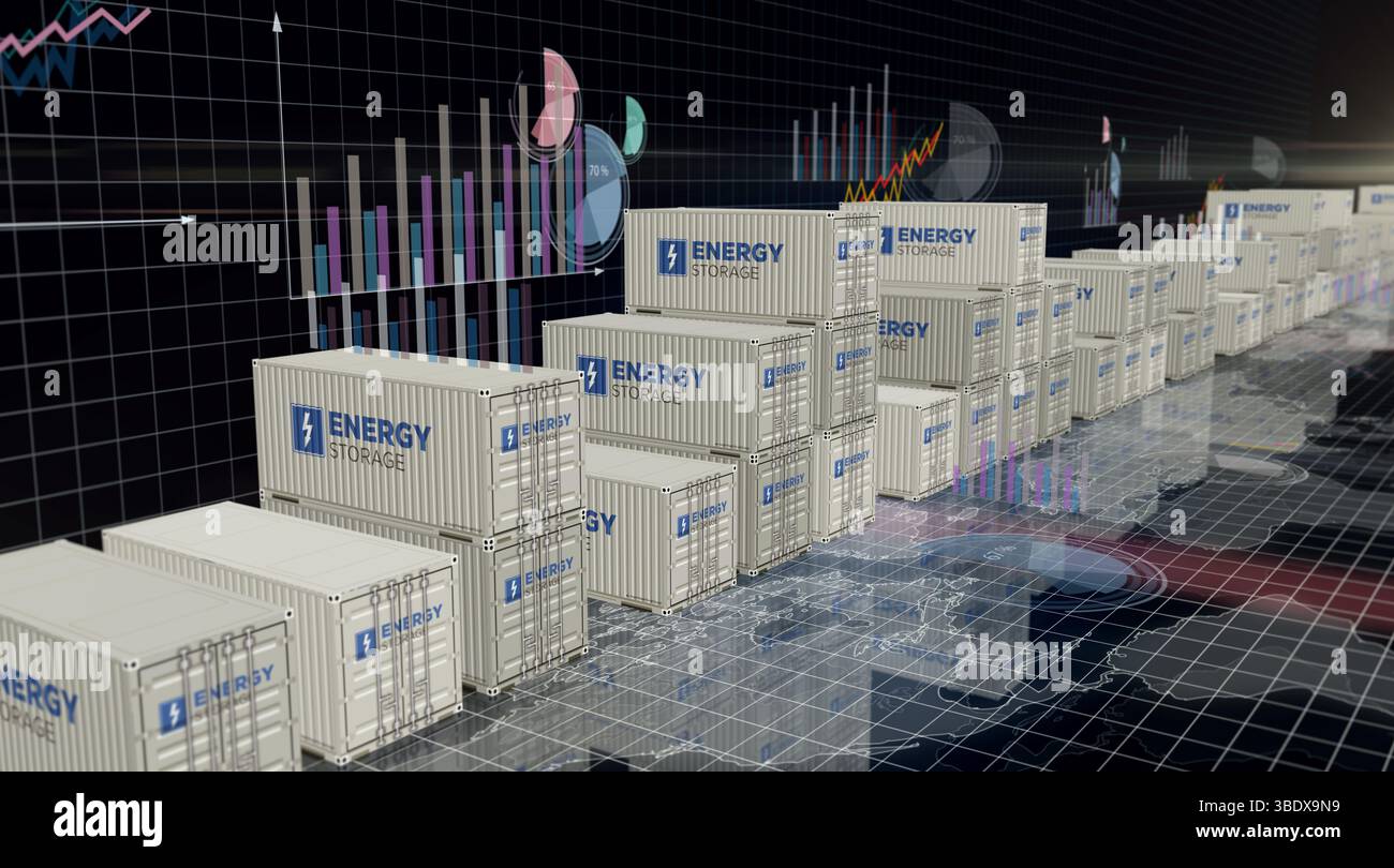 Energy storage cargo containers on charts and diagrams business concept ...