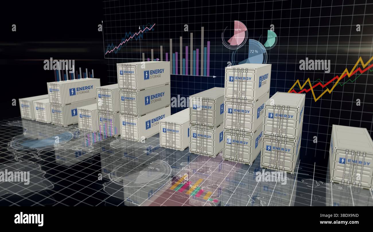 Energy storage cargo containers on charts and diagrams business concept ...