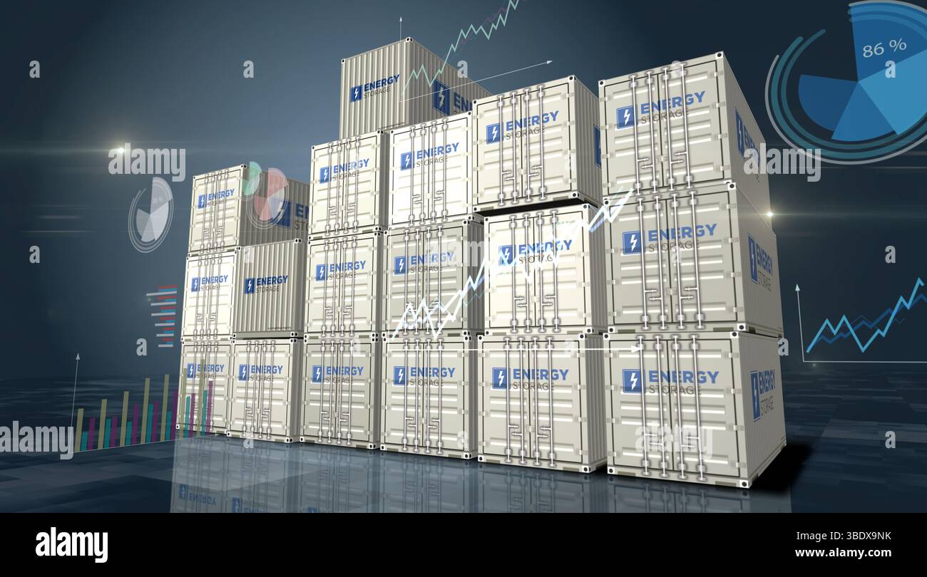 Energy storage cargo containers on charts and diagrams business concept ...