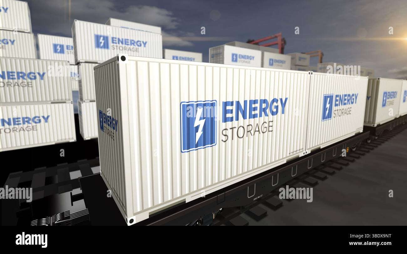 Energy storage containers on a freight wagons. Business concept of ...