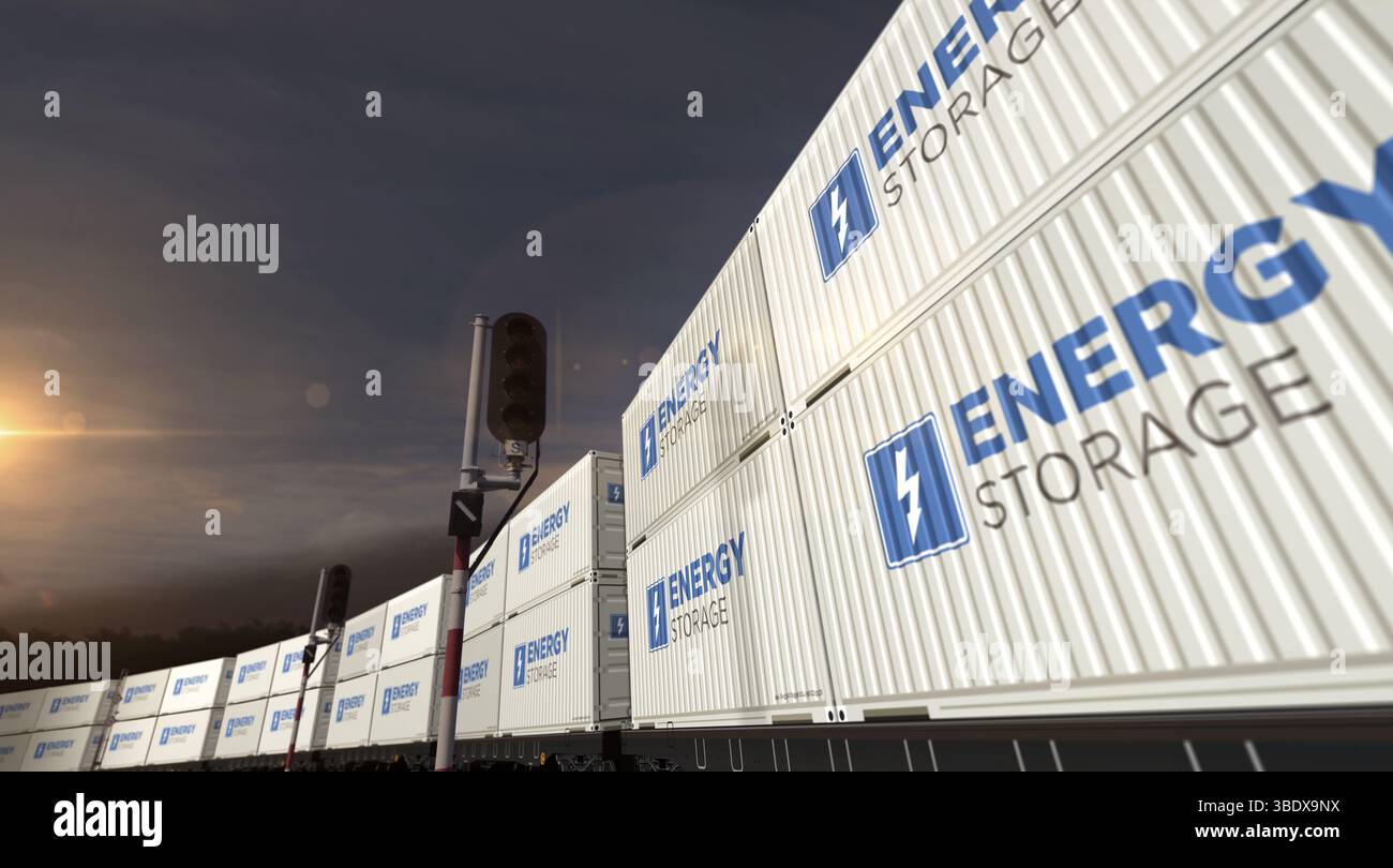 Energy storage containers on a freight wagons. Business concept of ...