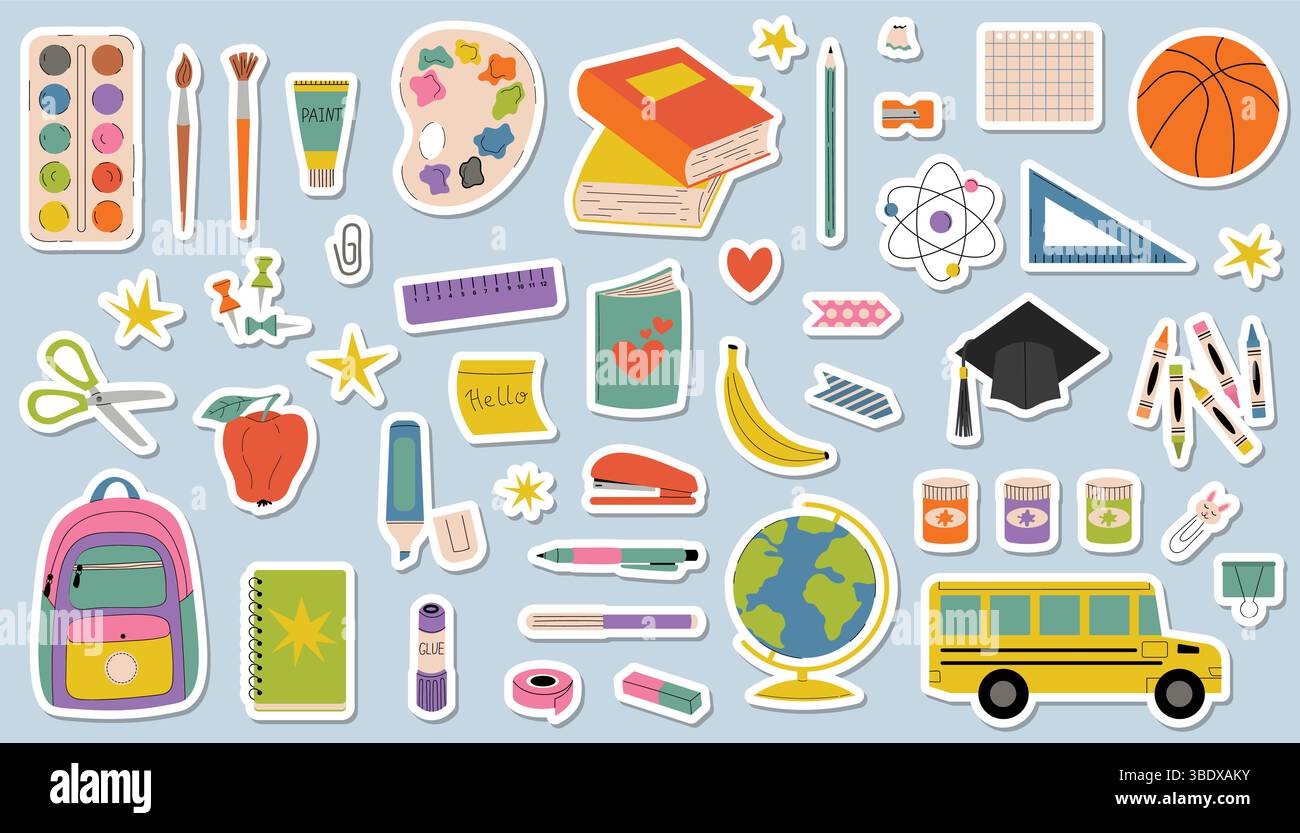 Fun and colorful set of cartoon stickers for Back to School theme ...