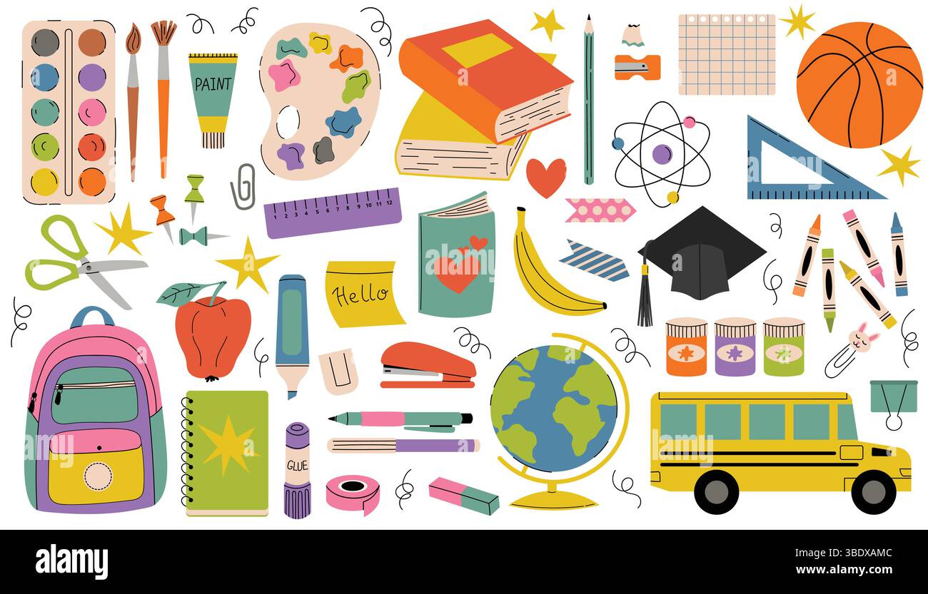 Playful cartoon style set of back to school elements featuring ...