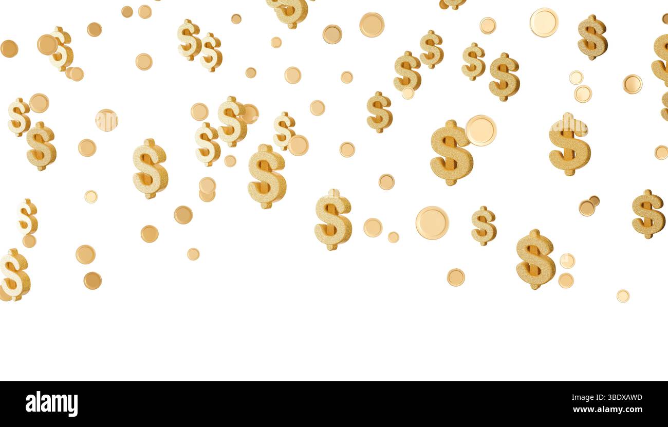 Gold dollar signs cascading down against a pure white background, evoke ...