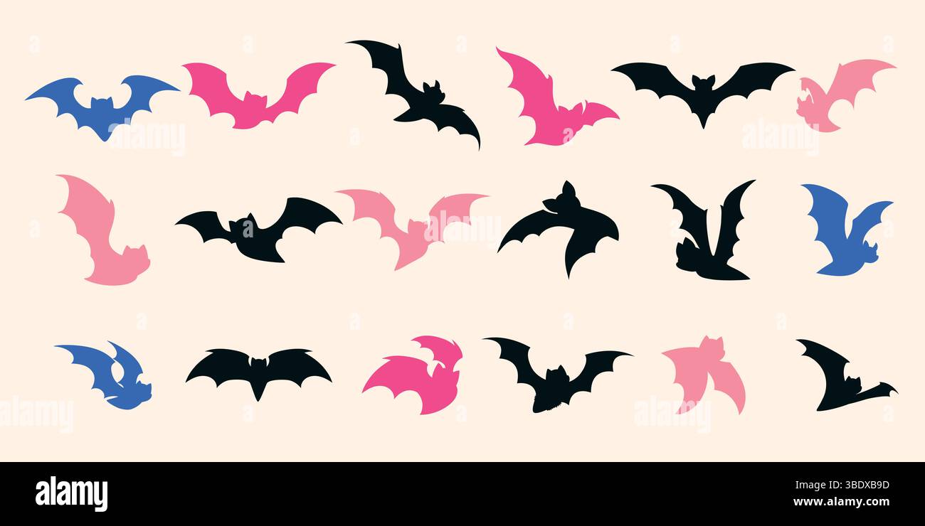 Halloween Set of Flying Bats with Pink, Blue and Black Colors on Cream ...
