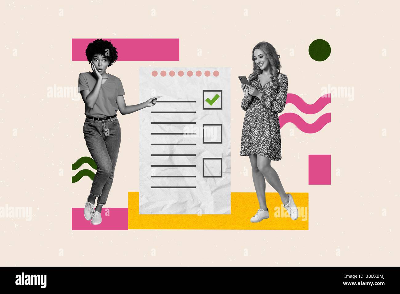 Picture collage of person stand point use phone pastel background with ...