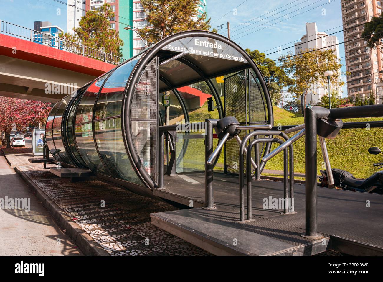 Iconic tube bus station of Curitiba city, Brazil, with its modern glass ...