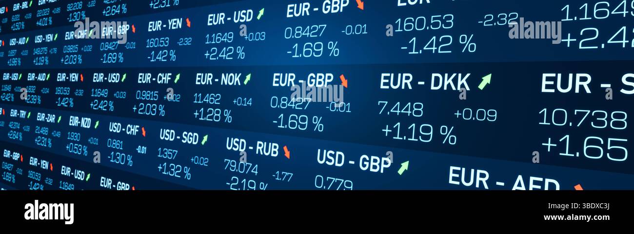 Close up currency trading board with global Euro exchange rates. Close ...
